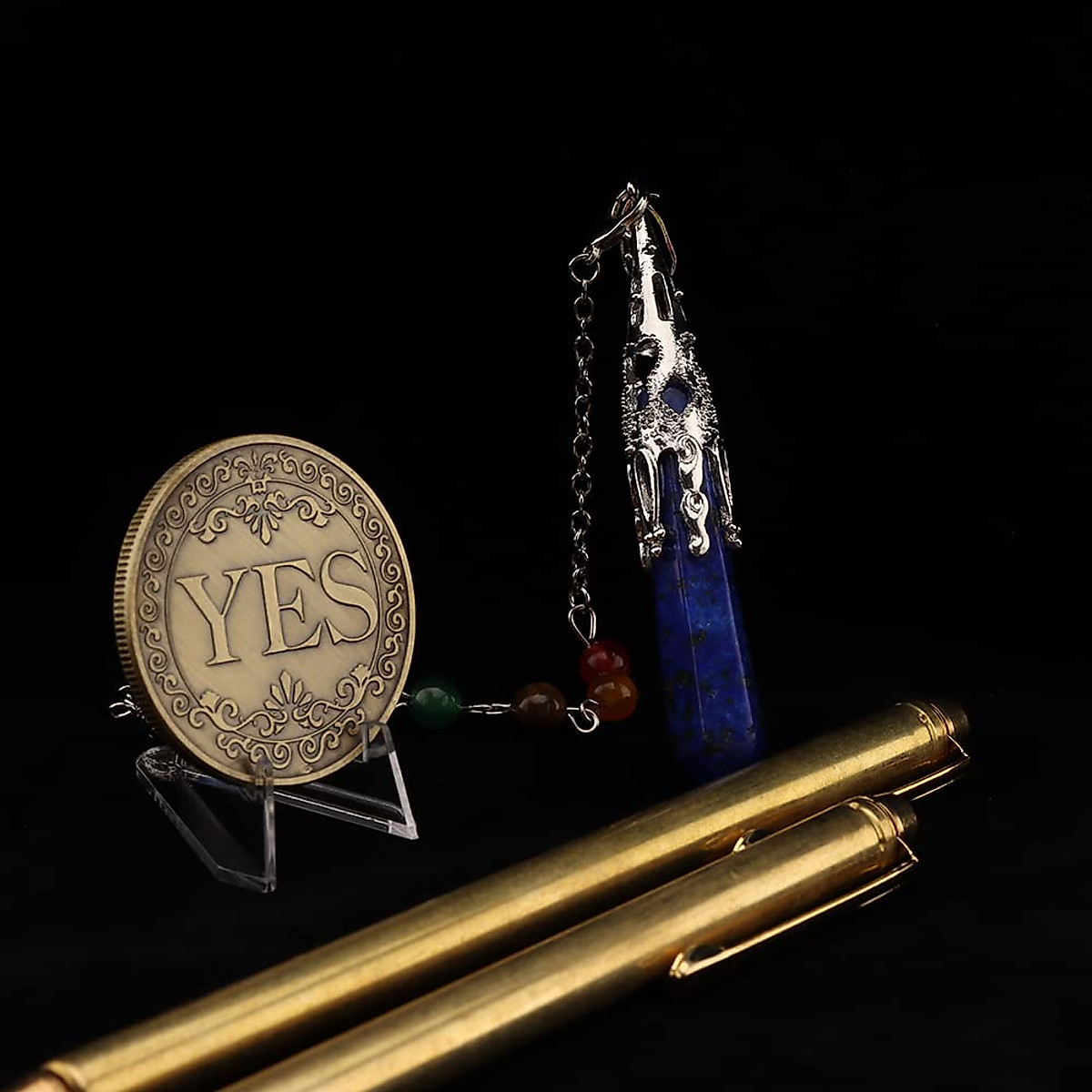 Mystic Energy Gift Box with Dowsing Brass Rod Set Include 2 Pcs Retractable Divination Rods, Pendulum and Challenge Coin, for Detect Gold, Water, Treasure,Buried Items,Ghost Hunting etc.(Total 4pcs)