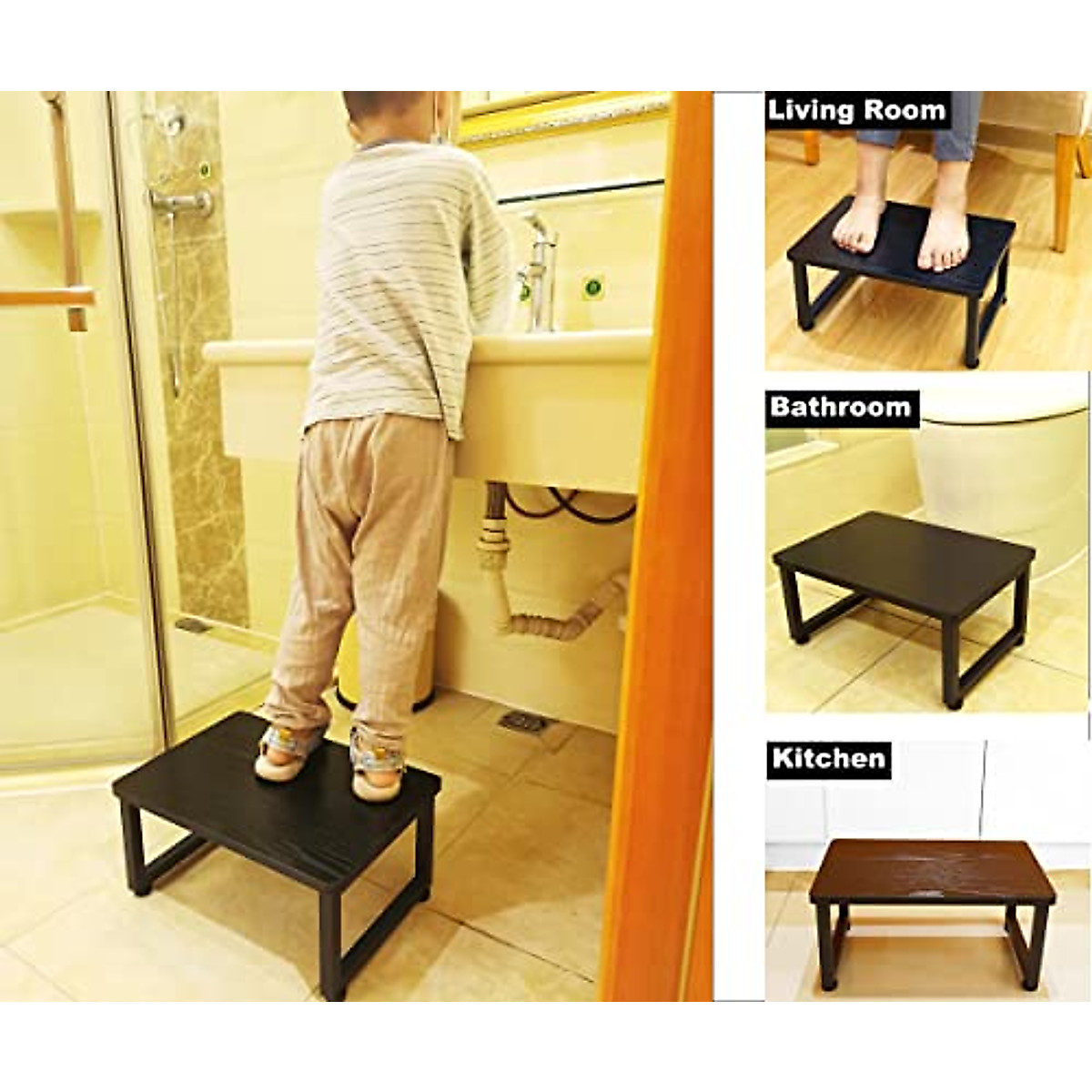 TSTWETO Step Stool, Wooden Step Stools for Adults Kids, Wood Bedside Bed Steps for High Beds, Heavy Duty One Stepping Stool for Kitchen Bathroom Bedroom, Hold Up 400 Lbs Capacity -Black