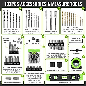 WORKPRO 20V Max Cordless Drill Driver Set, Electric Power Impact Drill Tool with 102 Pieces Accessories, 1/2'' Chuck Impact Drill Kit with Portable Case, 2 x 2.0Ah Li-ion Batteries with Fast Charger