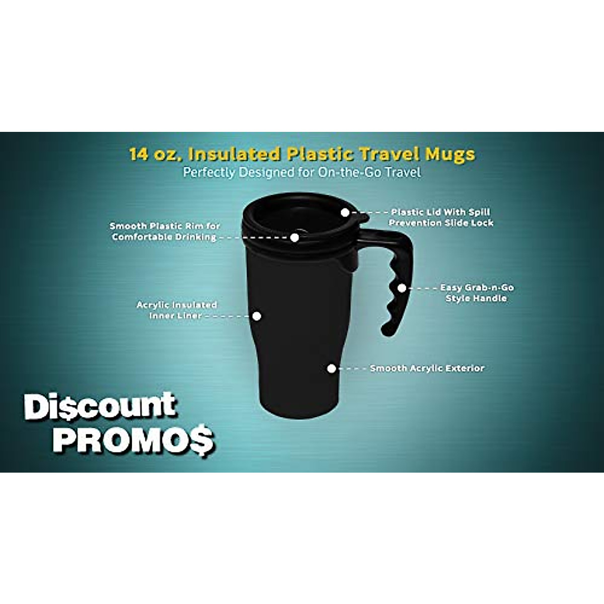 DISCOUNT PROMOS 14 oz. Insulated Plastic Travel Mugs - 10 pack - Black