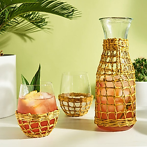 Twine Island Wine Glasses with Carafe, Stemless Glassware with Seagrass Wrap for Night Stand, Dishwasher Safe, 16 Oz, 37.5 Oz, Set of 3, Set of 1, Beige