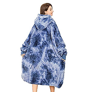 Drewin Wearable Blanket Sweatshirt for Women Men, Oversize Sherpa Fleece Blanket Hoodie with Huge Pocket & Elastic Sleeves, Fuzzy Warm Flannel Hooded Blanket for Adult Winter Gift, Blue&White
