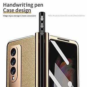 EAXER for Samsung Galaxy Z Fold 3 5G Luxury Lychee Pattern Leather Stand Case Plating Pen Slot Case with Front Tempered Glass All-Inclusive Protective Cover Case Gold