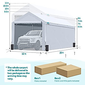 ADVANCE OUTDOOR 12x20 ft Heavy Duty Carport with Sidewalls and Doors, Adjustable Height from 9.5 ft to 11 ft, Car Canopy Garage Party Tent Boat Shelter with 8 Reinforced Poles and 4 Sandbags, White