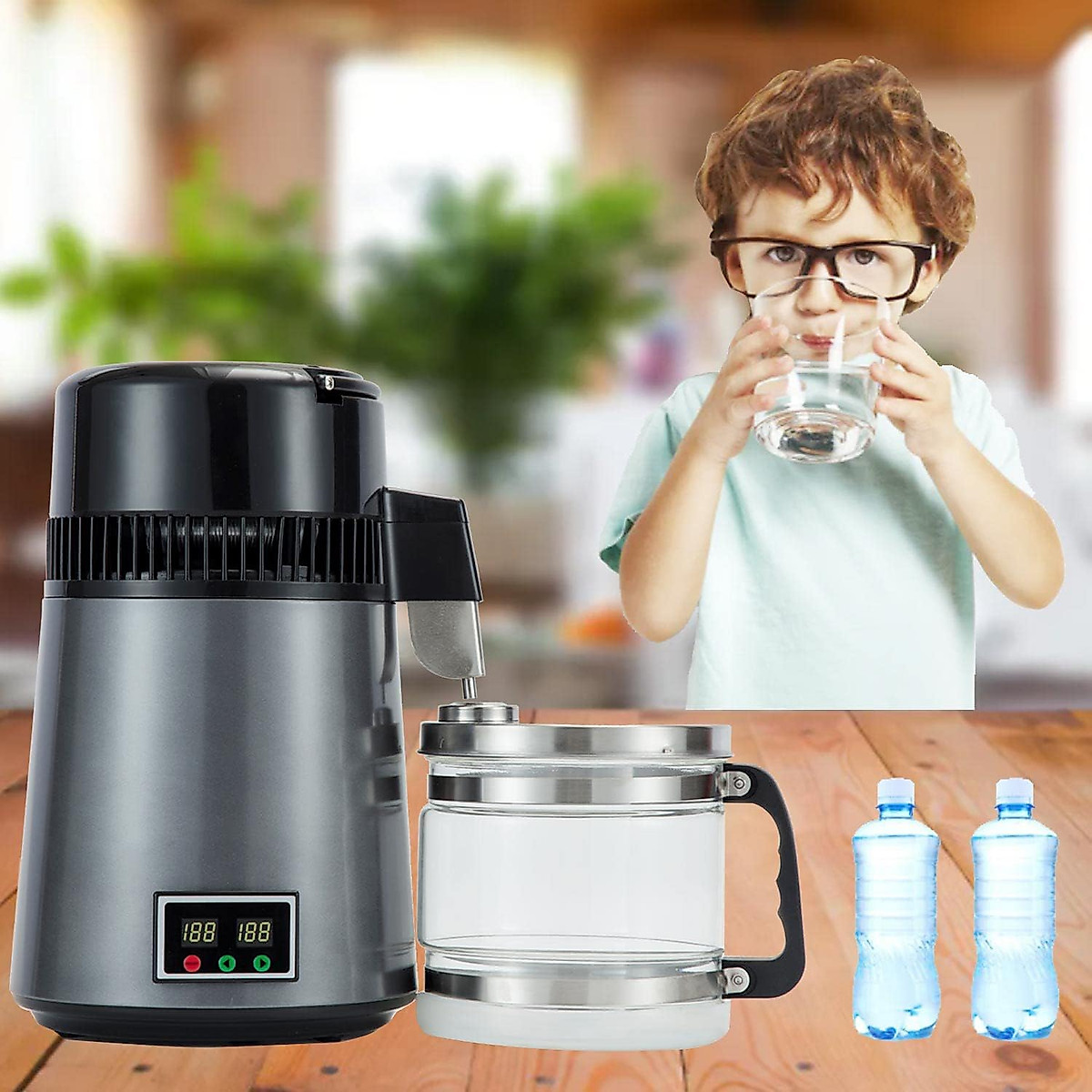 Water Distiller w/ Glass Container;750W,1.1Gal/4L Capacity;Distill Water up to 0.26Gal/1L per Hour and About 6Gal/23L per Day(Dual Temperature Display / Gray)