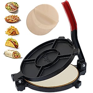 Ezyec Cast Iron Tortilla Press 8-10 Inch, Large Roti Maker with Silicone Grip Handle for Roti, Taco, Flour, Corn, Dough, Chapati, Sturdy Prensa Para Tortillas Maker Press W/ 50 Pcs Parchment Paper