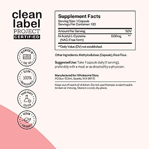 Wholesome Story NAC Supplement N Acetyl Cysteine 600 mg | Liver, Lung, & Fertility Support | 120 Capsules | 120 Day Supply