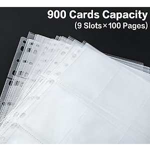 HERKKA Trading Card Sleeve Pages, 100 Pack 9 Pocket Album Pages 11 Holes Fit 3 Ring Binder