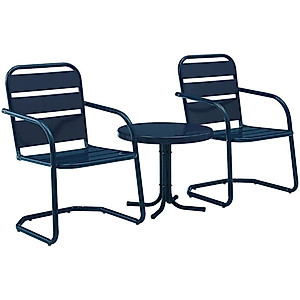 Crosley Furniture Brighton 3-Piece Outdoor Chair and Side Table Set, Retro Metal Patio Conversation Sets, Navy