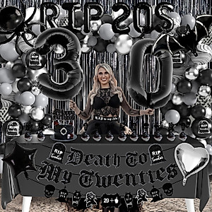 WHYMEO 30th Birthday Party Decorations Pack 97Pcs,Death to My 20s Supplies Including Banner Garland Backdrop Tablecloth Rip Sash Cake Toppers Balloon Set for Funeral Youth Funny Thirtieth Party,Black