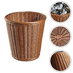 Wakauto Trashcan Paper Wastebasket Rattan Woven Storage Baskets Decorative Farmhouse Open Trash Can Rubbish Bin Container Laundry Organizer Basket for Bedroom Desktop Light Brown Rattan Basket