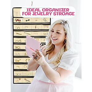 ONEPEACE Hanging Jewelry Organizer: Necklace & Earring Holder with Pockets for Closet, Wall or Door (Black)