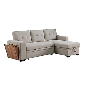 Devion Furniture 92" W Modern L-Shaped Polyester Fabric Upholstered Reversible Side Compartment Sleeper Sectional Sofa Bed with Chaise in Light Gray Finish