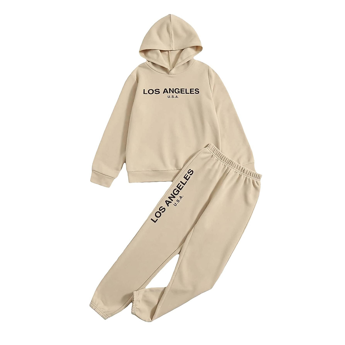 SHENHE Boy's 2 Piece Outfits Letter Print Long Sleeve Hoodie and Sweatpants Sweatsuits Apricot 10Y