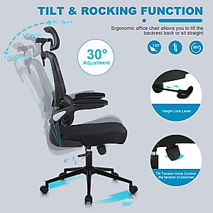 Nusetx Ergonomic Office Chair, Adjustable Home Computer Desk Chair with Lumbar Support, Headrest, Flip-Up Armrests, High-Back Mesh Executive Task Chair (1 Pack, Black)