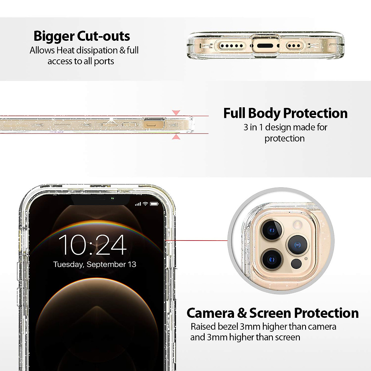 Coolwee Crystal Glitter Full Protective Case Compatible with iPhone 12 Pro Max Heavy Duty Protection Hybrid 3 in 1 Rugged Shockproof Women Girls Transparent Shiny Clear Bling Sparkle