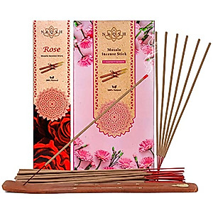 NAQSH Masala Incense Sticks 125gm - 6x20 Pack, Total 120 Sticks 100% Organic Hand Rolled Natural Fragrances with Free Wood Holder for Aromatherapy & Meditation, Yoga, Positivity & Relax (Rose)