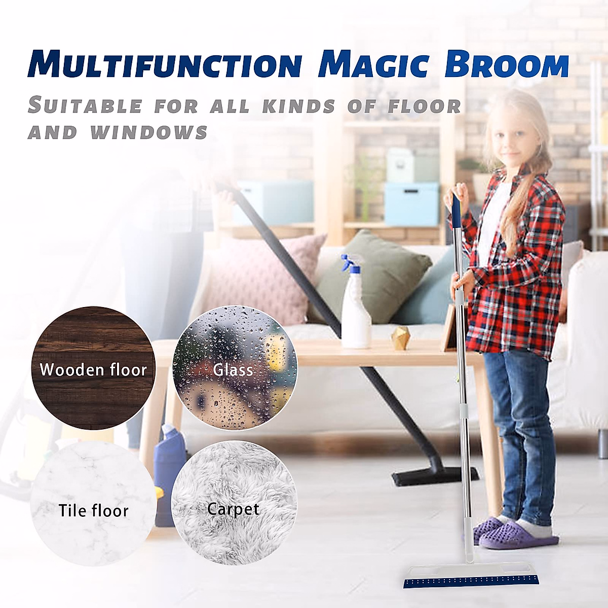 Multifunction Magic Broom Sweeper 4-1 Extral Long Handle Silicone Floor Squeegee Broom no Bristles Excelent for Flat Floor and Especial Good Job for Pet Hair Remover