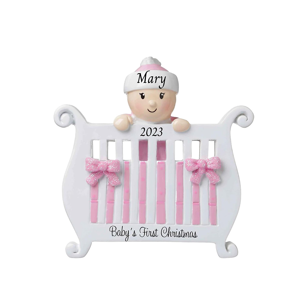2024 Personalized Baby's First Christmas Tree Ornament - Baby Girl in Crib Customized Pink Baby Christmas Ornament - Keepsake for New Born Baby Shower-Free Customization