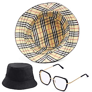 Beelittle 80s/90s Hip Hop Costume Kit Cool Rapper Outfits,Bucket Hat Sunglasses Gold Plated Chain (R)