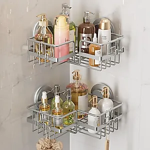 TAILI Heavy Duty Suction Cup Shower Caddy 2 Pack, Removable Rustproof Stainless Steel Shower Rack, Drill-Free Shower Shelf with Hooks, Wall Mounted Basket Organizer for Bathroom, Grey