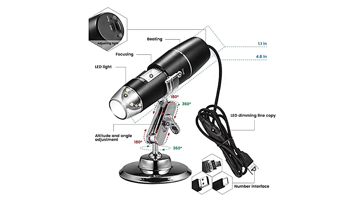 Handheld USB Digital Microscope with Metal Stand, Portable HD 1000 X ...