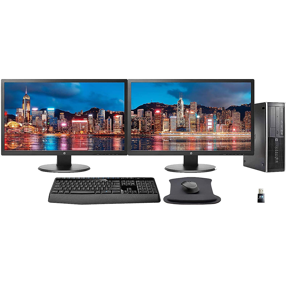 HP Elite 8300 PC with 2 x 24 HP Monitors, Wireless Keyboard and, WiFi, Gel pad, Intel i5, 8GB, 480GB SSD Storage, Windows 10 (Renewed)
