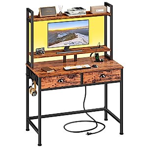 Furologee Small Computer Desk with Drawers, 36 Inch Home Office Desks with Power Outlet and LED Light, Gaming Desk with Monitor Stand, Modern Work/Writing/Study Table for Bedroom, Rustic Brown