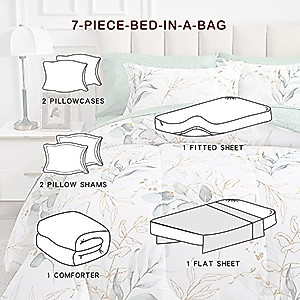 Joyreap 7 Piece Bed in a Bag Queen, Green Leaves Printed on White Botanical Design, Microfiber Comforter Set for All Season (1 Comforter, 2 Pillow Shams, 1 Flat Sheet, 1 Fitted Sheet, 2 Pillowcases)