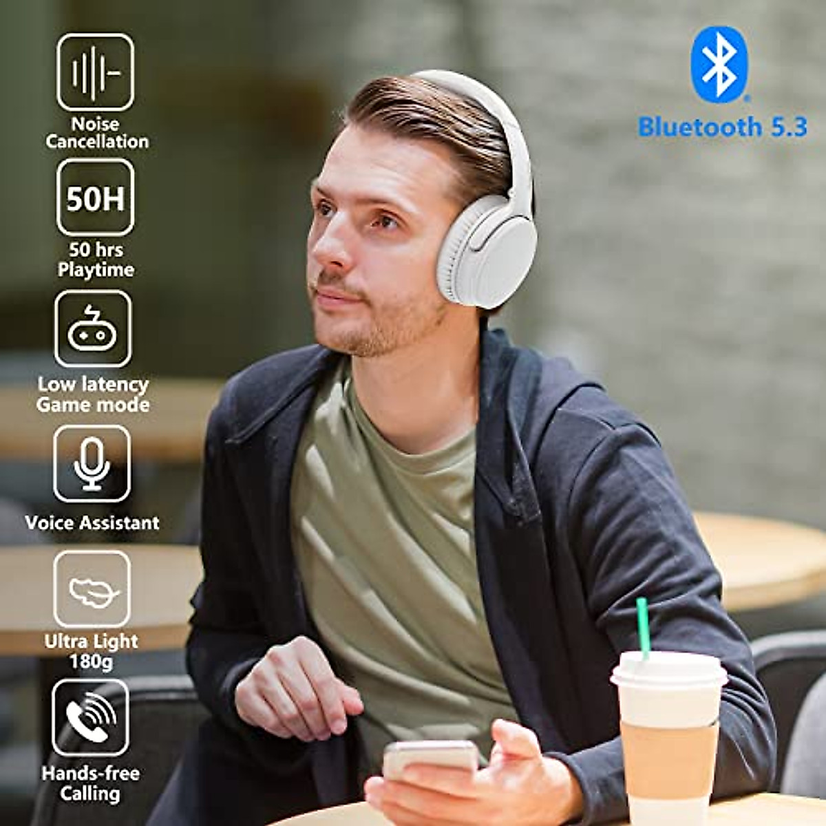 Srhythm NC25 Active Noise Cancelling Headphones Bluetooth 5.3,ANC Stereo Headset Over-Ear with Hi-Fi,Mic,50H Playtime,Voice Assistant,Low Latency Game Mode