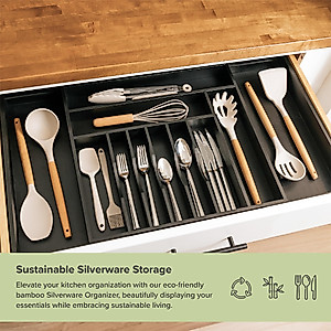 KitchenEdge Premium Silverware, Flatware and Utensil Organizer for Kitchen Drawers, Food-Safe Contract Grade, Expandable from 18 to 33 In, Black Bamboo