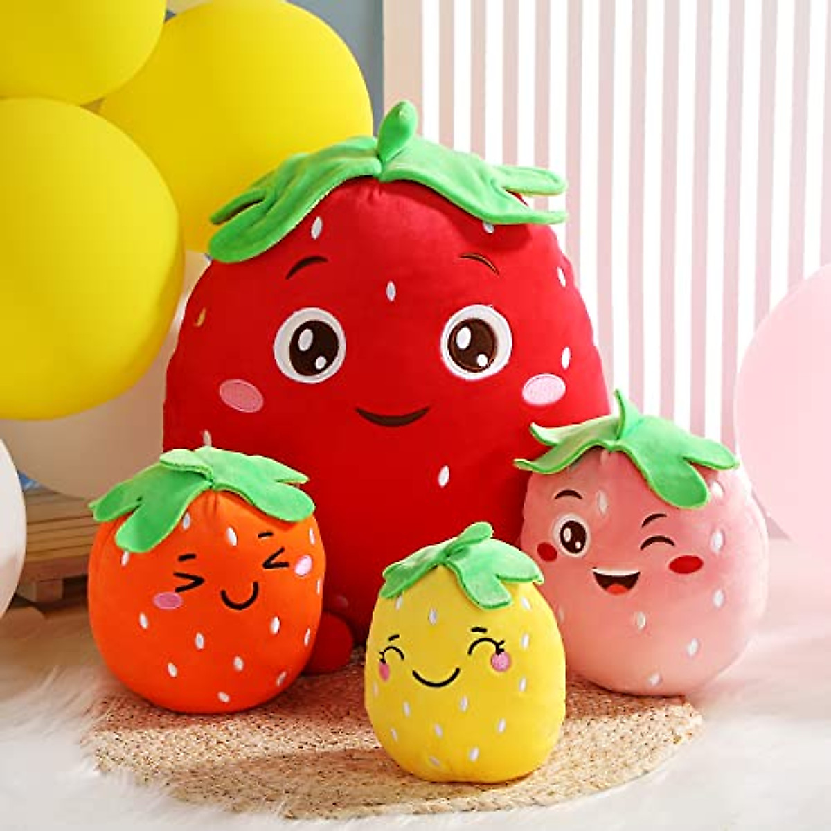 Queekay 4 Pieces Soft Strawberry or Pineapple Pillow Stuffed Toy Food Pillows Fruit Plush Pillow Kids' Plush Toy Pillows Fruit Hugging Cushion for Home Bedroom Office Supplies (Strawberry)