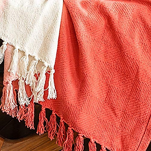 Refinery29 | Riley Collection | Premium Cotton Textured Throw Blanket, Modern Dip Dye Fringe Design for Luxury Home Décor (50 x 70, Coral)