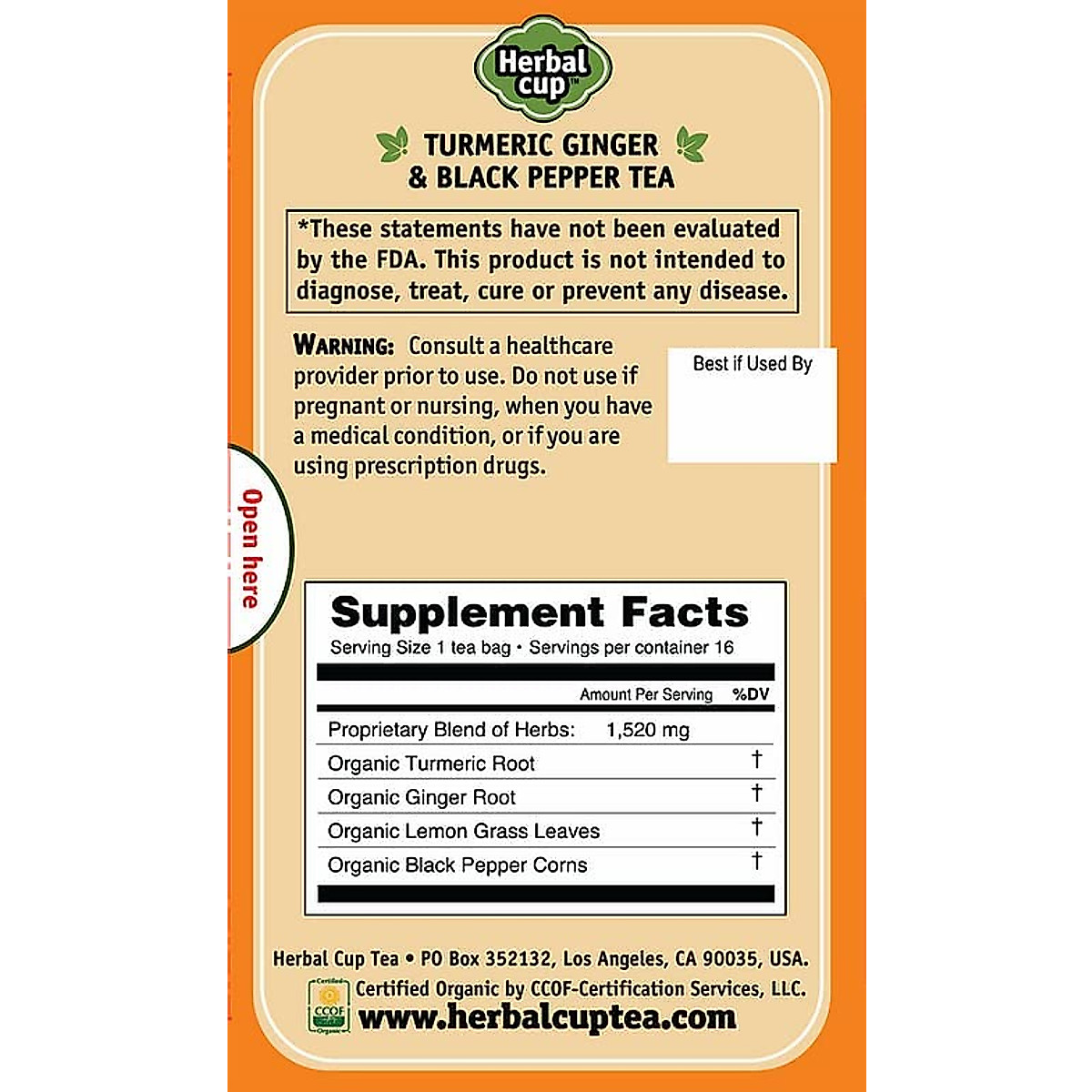 Herbal Cup Ayurveda Turmeric Tea, Organic Ginger & Black Pepper, No Caffeine Herbal Supplement (16 Count, Pack of 1)