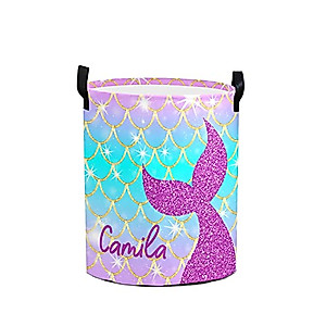 Mermaid Scale Purple Blue Gold Personalized Laundry Basket Clothes Hamper with Handles Waterproof ,Collapsible Laundry Storage Baskets for Bathroom,Bedroom Decorative 19.7"Hx14.2"D