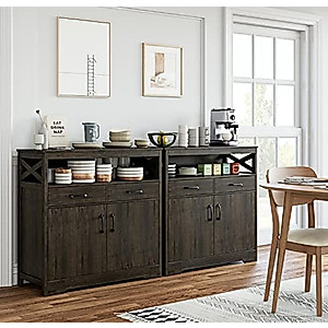 HOSTACK Modern Farmhouse Buffet Sideboard, Kitchen Storage Cabinet with Shelves and Doors, Wood Buffet Cabinet with Drawers, Coffee Bar, Floor Cabinet Cupboard for Dining Room, Dark Brown