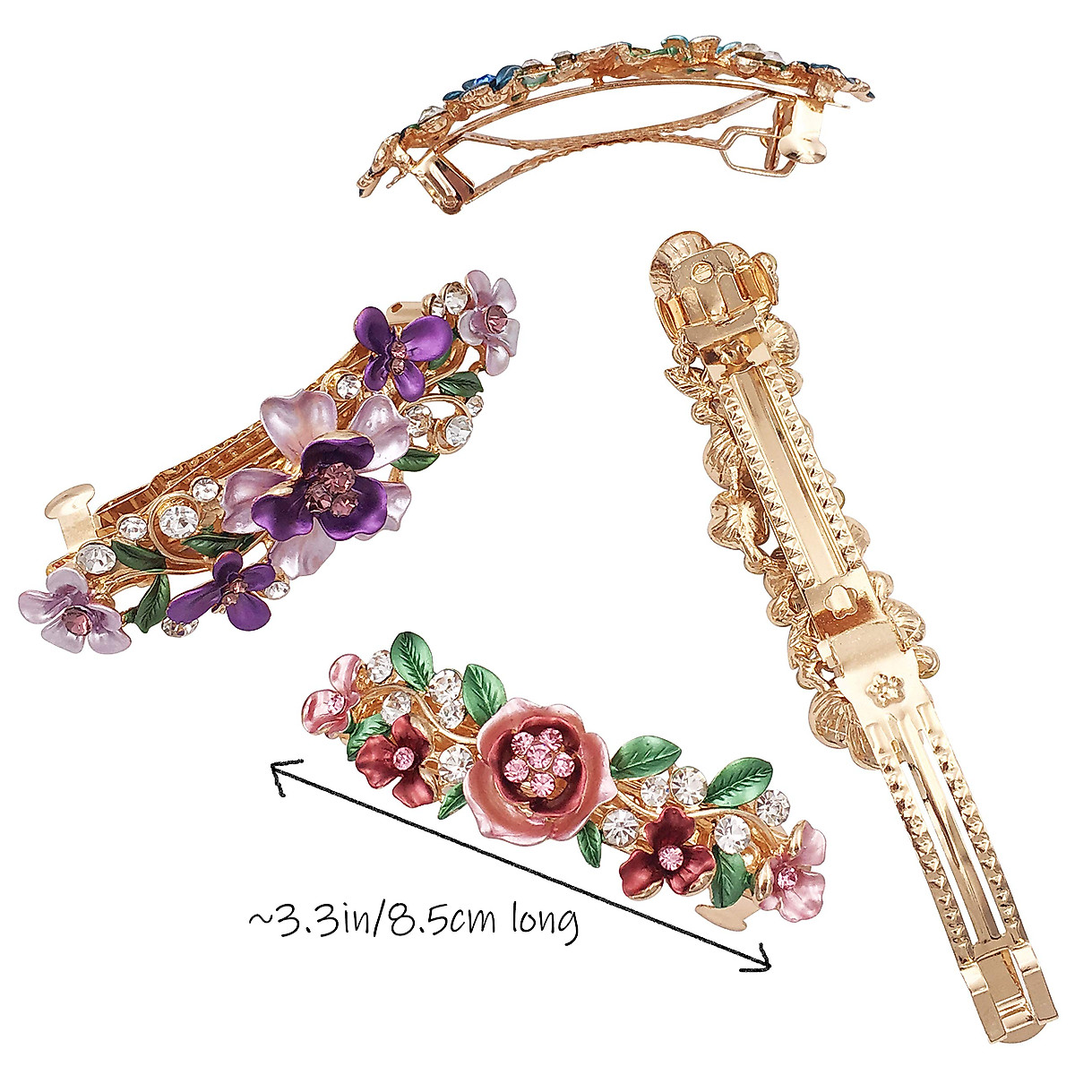 4 Colorful Vintage Decorative Flower Design Metal Gold Tone French Barrettes Hair Clasps Accessories Women Girls