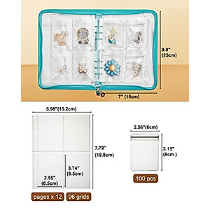 CATIFLIN Earring Organizer Travel Jewelry Case Container Transparent Jewelry Storage Book for Bracelet, Ring, Necklace, Stud, pin (96 Grids + 100 Small Thicken PVC Zipper Bags, Turquoise)