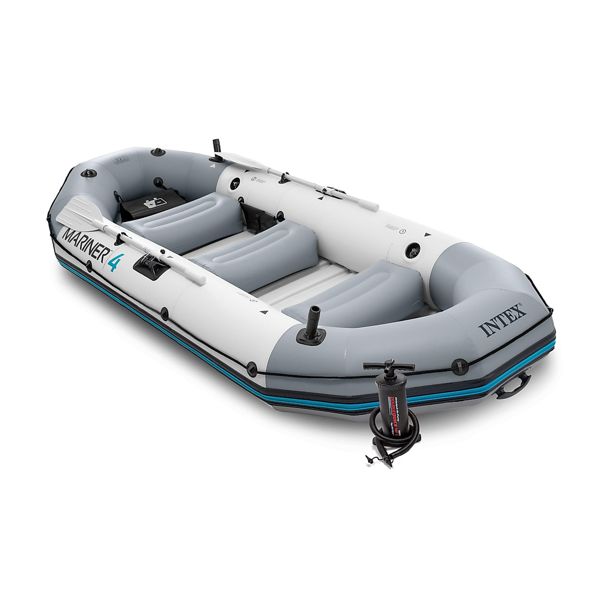 INTEX 68373EP Mariner 3 Inflatable Boat Set: Includes Deluxe 54in Boat Oars and High-Output Pump – Wear-Resistant Keel – Removable Fishing Rod Holders – 3-Person – 880lb Weight Capacity