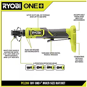 RYOBI ONE+ 18V Cordless Multi Size Ratchet (Tool Only) PCL280B