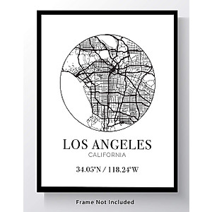 Los Angeles CA City Street Map Wall Art - 11x14 UNFRAMED Modern Abstract Black & White Aerial View Decor Print with Coordinates. Makes a great LA California-Themed Gift.