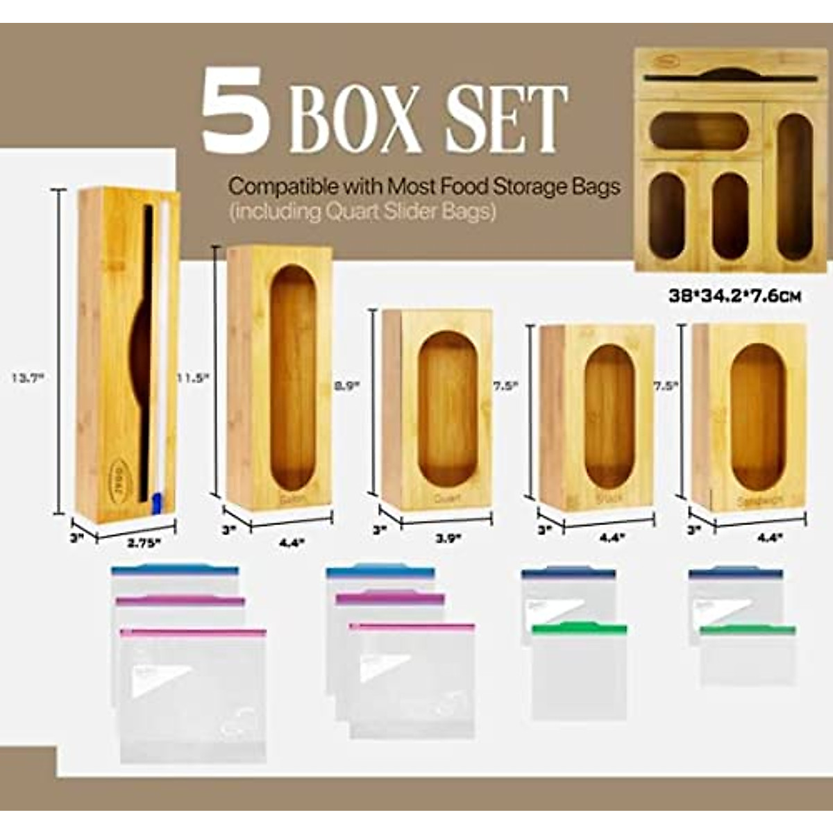 OOAZ 5-in-1 Bamboo Drawer Organizer for ziplock Bags, Separate baggie and sandwich bag organizer for drawer, Multi-Use Ziplock Drawer storage Organizer for Kitchen