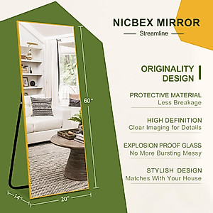 NicBex Full Length Mirror, 60" x 20" Wall Mirror Full Length Wall Mounted Mirror Aluminum Alloy Frame Dressing Mirror for Bedroom/Living Room/Dorm Room Floor Mirror with Stand,Gold