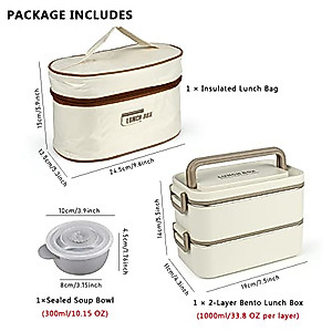 Keweis Bento Box Adult Lunch Box, Portable Insulated Lunch Containers Set, 2-Tier Stackable Stainless Steel Bento Boxes with Thermal Lunch Bag Soup Bowl, Leakproof Food Container