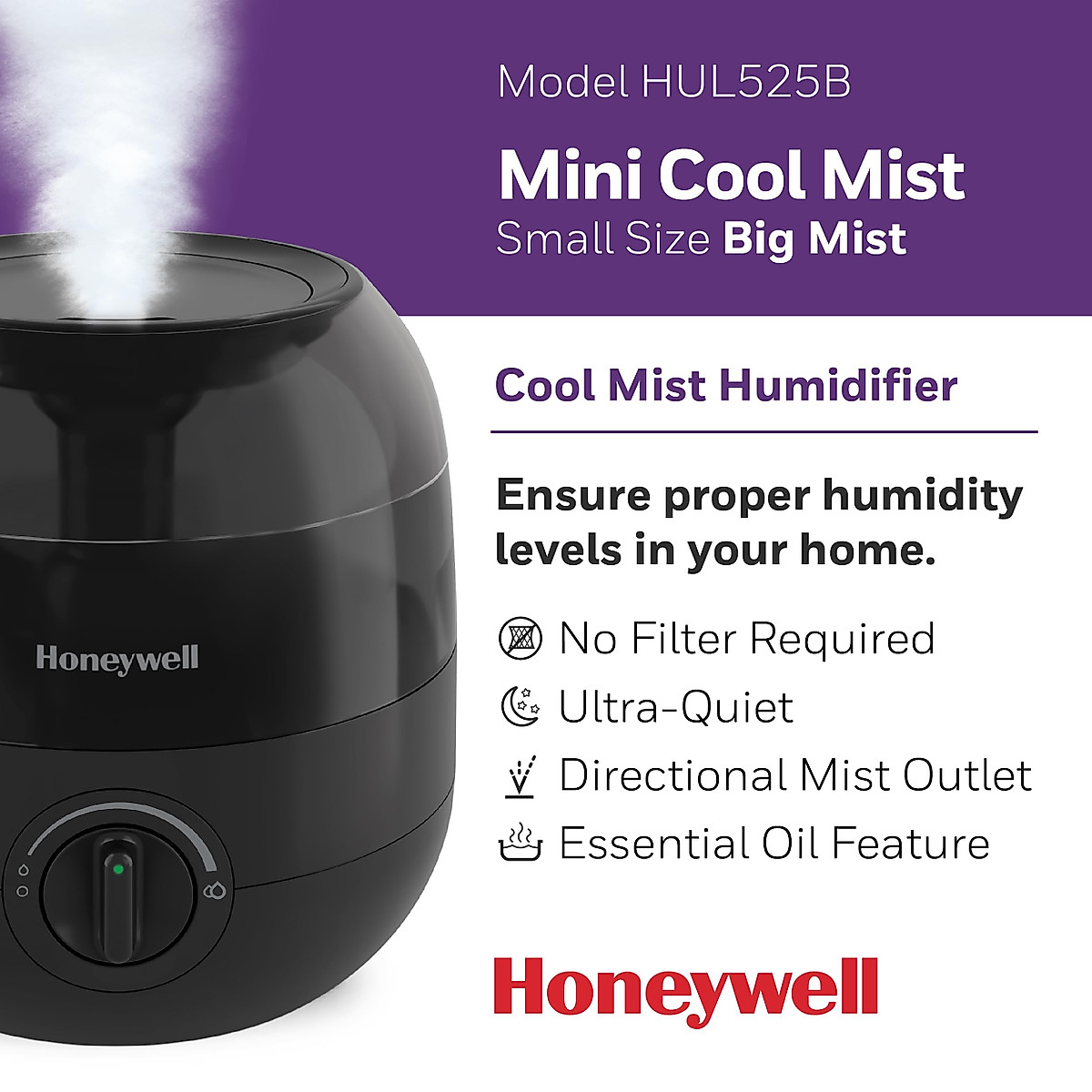 Honeywell Mini Cool Mist humidifier, Easy to Fill and Clean, humidifier for small Bedroom, Kids Rooms, or office. Ultra Quiet Operation and Auto Shut-Off - Black, HUL525B