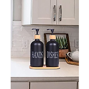 Glass Kitchen Soap Dispenser Set, Both Glass Soap Dispensers Equipped with Pumps& Bamboo Tray (Matte Black + Old Style Charactor)