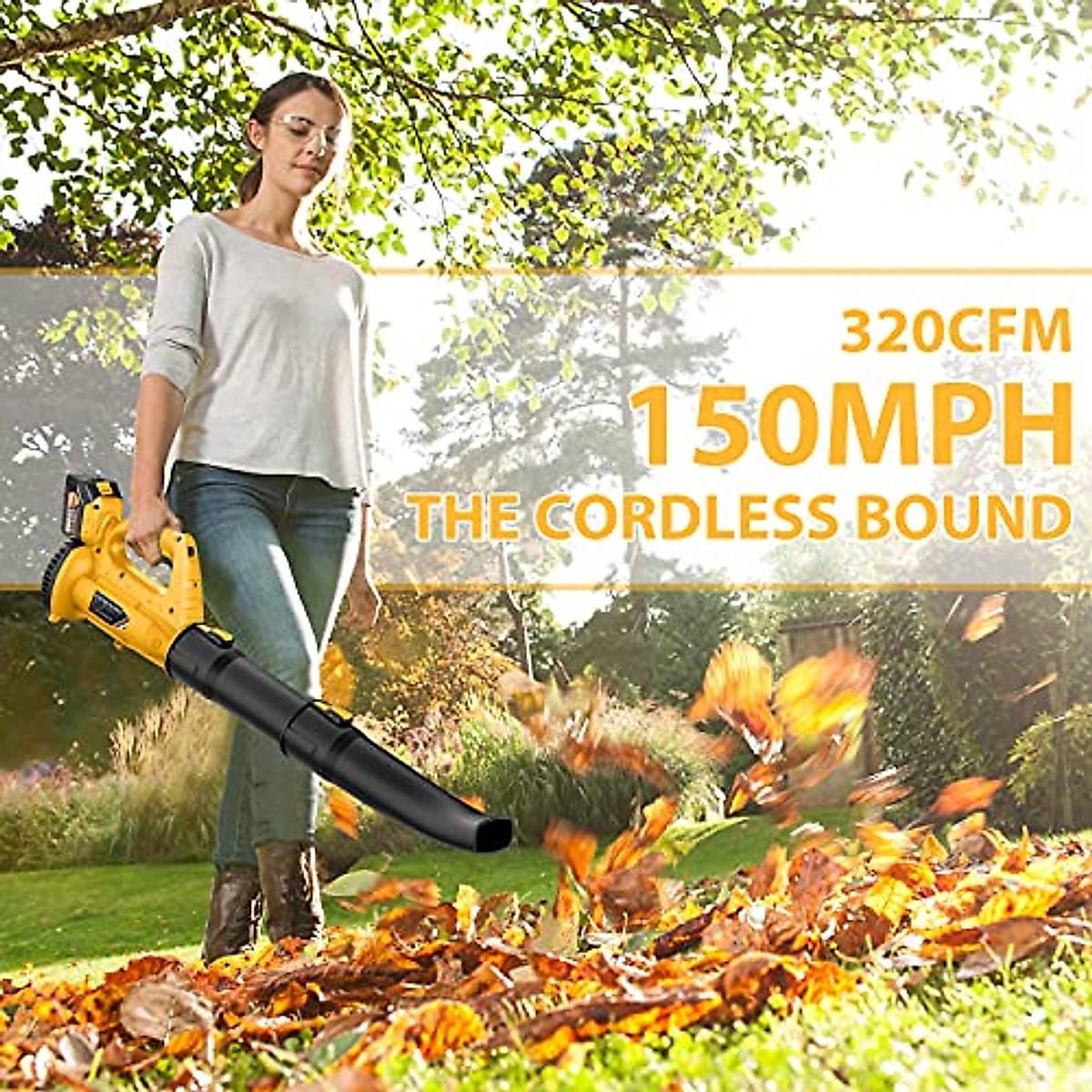 EKACO Leaf Blower - 320 CFM 150 21V MPH Leaf Blower Cordless with 4.0Ah Battery and Charger, Electric Leaf Blower with 6-Speed Control 2 Section Tubes for Lawn Care, Yard, Snow Debris, and Dust