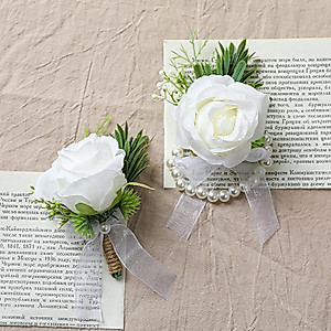 Garisey Artificial Flowers White Rose Wrist Flowers and Men's Corsage Wedding Flowers Ceremony Prom Flower (1 Boutonniere & 1 Wrist Corsage White)