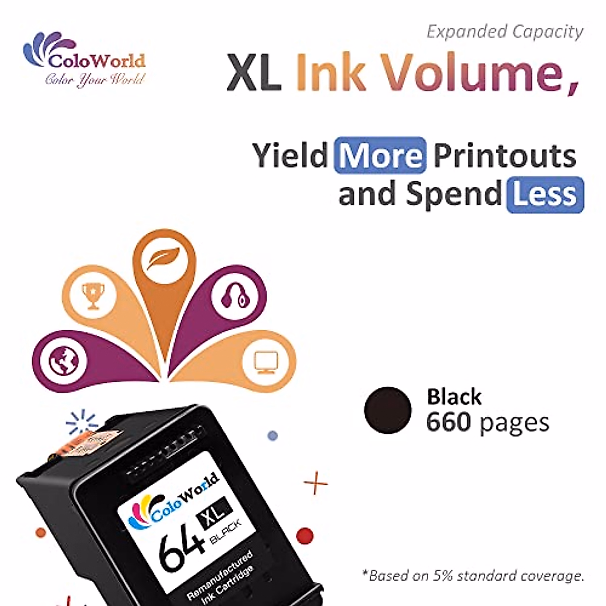 ColoWorld for HP 64XL Black Ink Cartridge for HP64XL Black Compatible for HP Envy Photo 7855 7155 6255 7164 6222 6252 7134 7830 7864 7800 6230 6220 6234 7120 7858 Tango, Inspire 7955e Printer