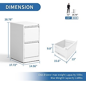 BIZOEIRON 2 Drawer File Cabinet with Lock, Metal Vertical Filing Cabinets for Home Office, Steel Storage Cabinet for Hanging Legal/Letter Size Files, Assembly Required (White)